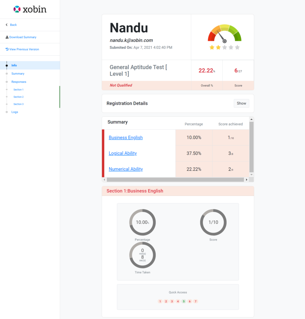 Cognitive Skills Report | Xobin
