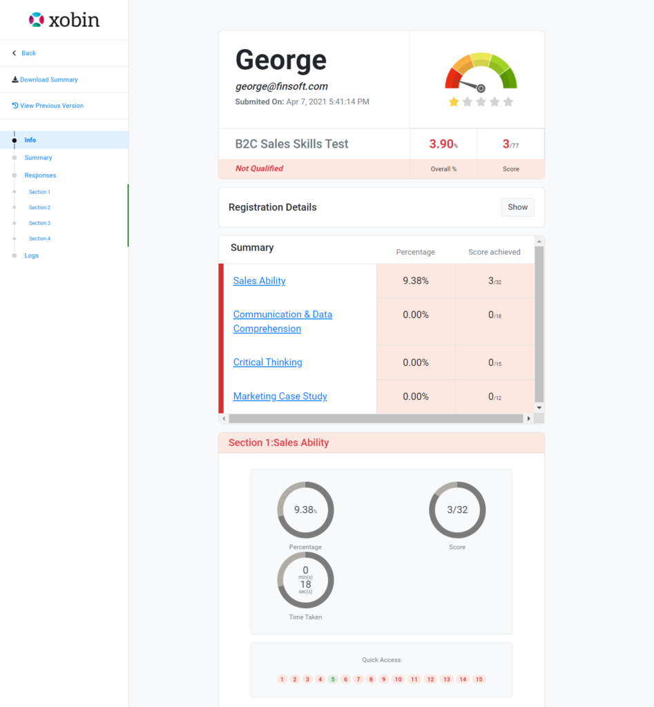Sales Assessment Report Test Summary Report Xobin